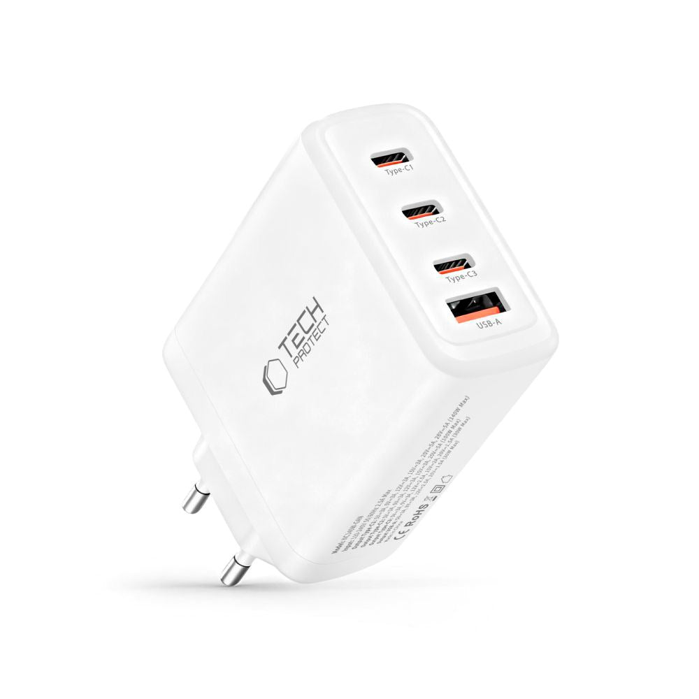 Tech-Protect 140W GaN Vægoplader m. 1 x USB-A & 3 x USB-C - Hvid